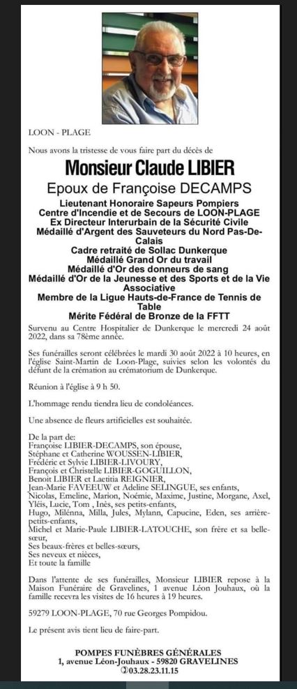 faire part Claude Libier – Ligue des HDF de Tennis de Table